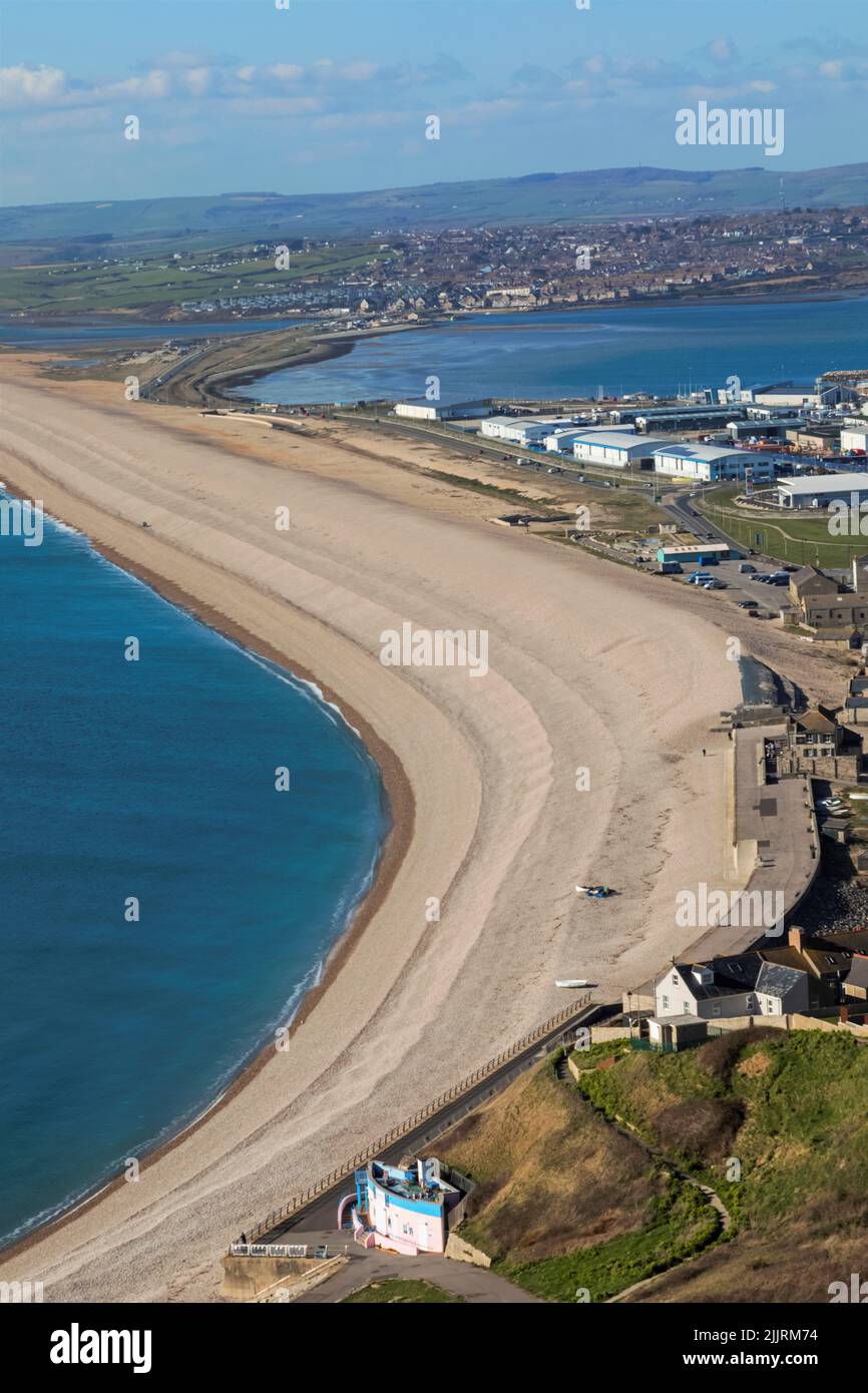 England, Dorset, Weymouth, Portland, View of Chesil Beach and ...