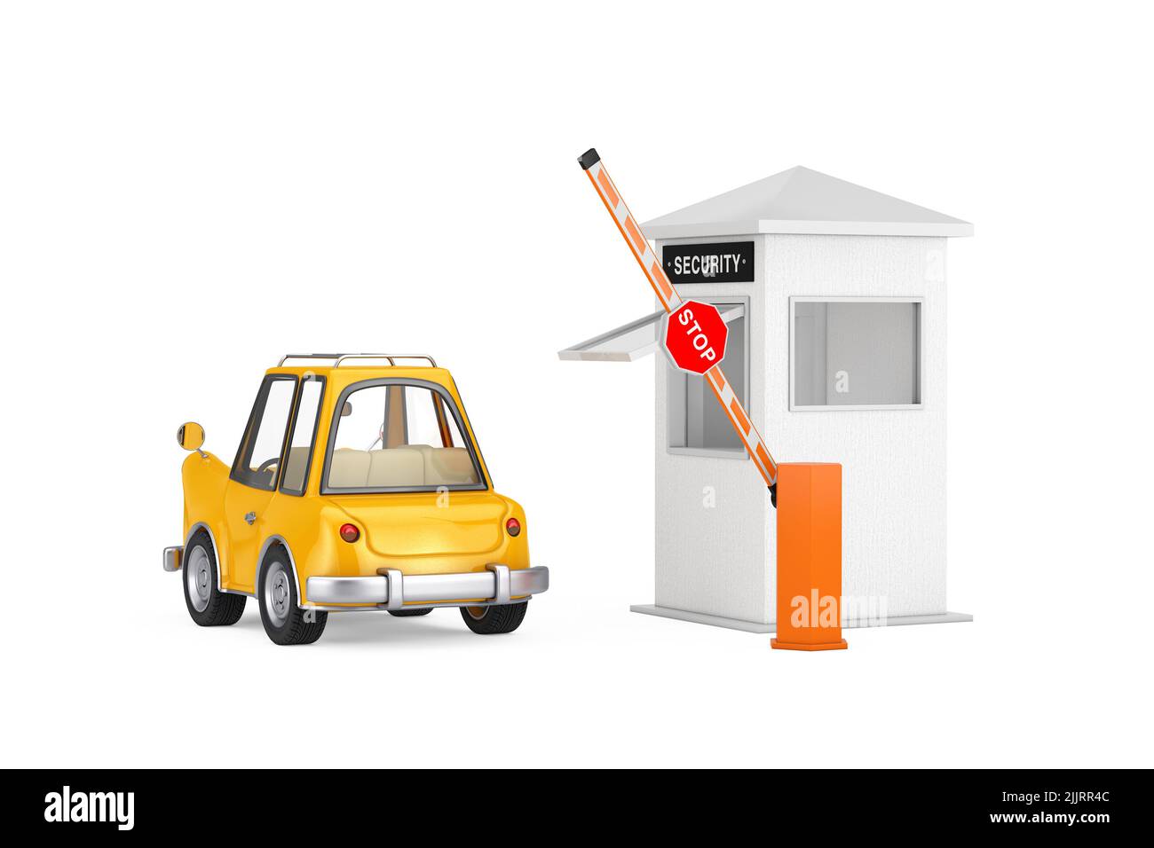 Yellow Cartoon Car in Front of Opened Road Car Barrier and Security ...