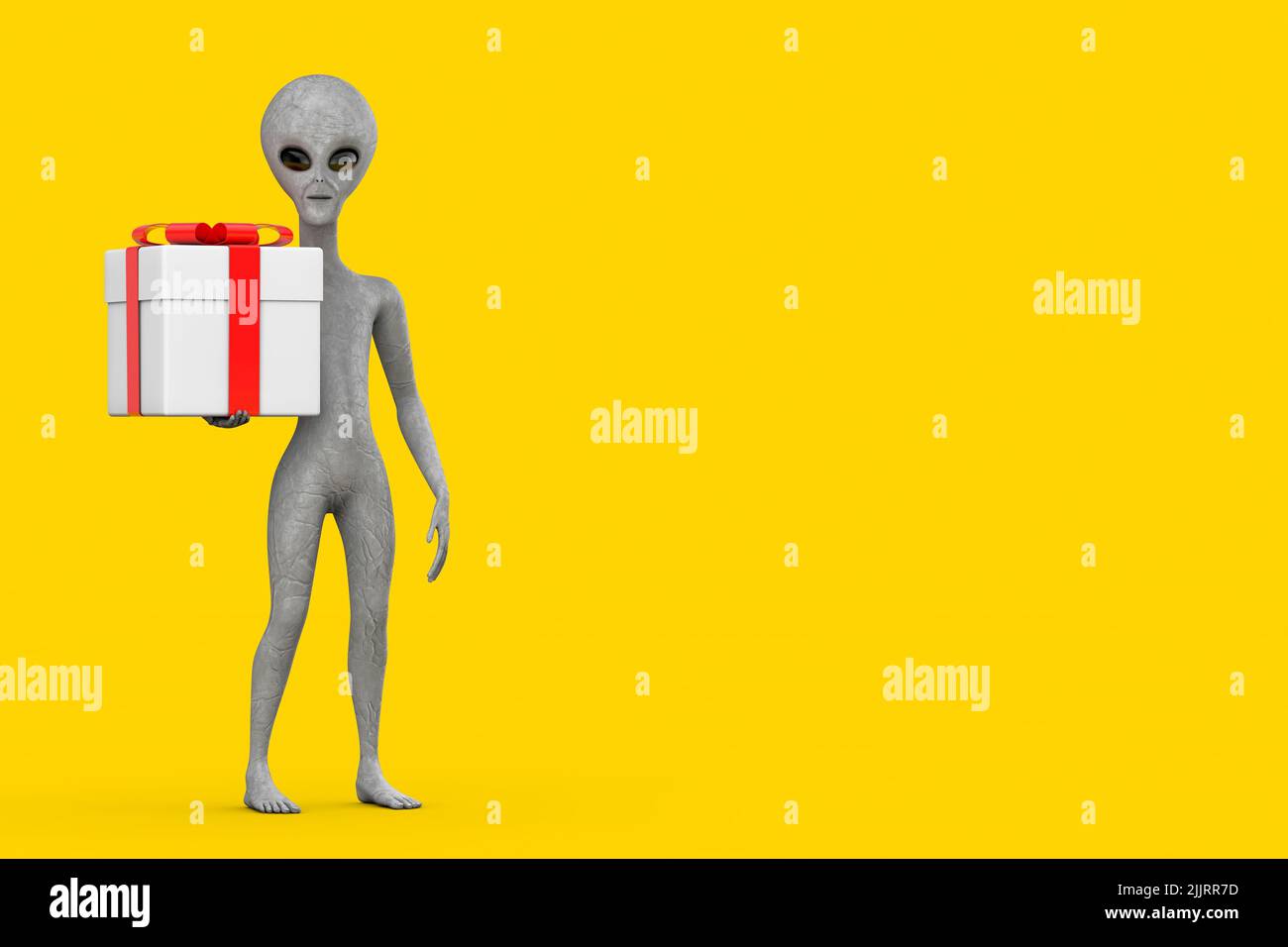 Scary Gray Humanoid Alien Cartoon Character Person Mascot and Gift Box ...