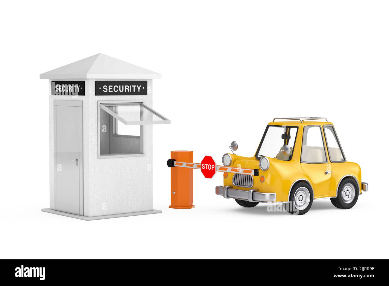 Yellow Cartoon Car in Front of Closed Road Car Barrier and Security ...