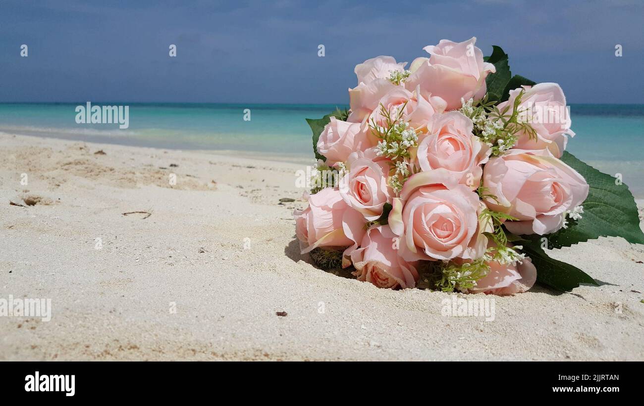 A closeup shot of a beautiful bouquet with pink roses on the sand in ...