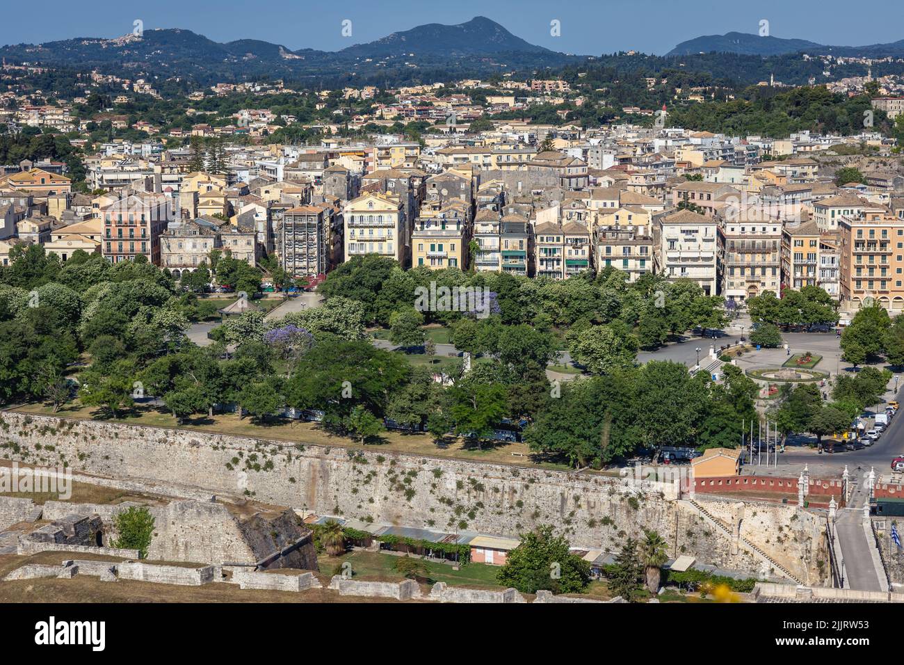 Aerial view from Old Venetian Fortress in Corfu town on a Greek island ...