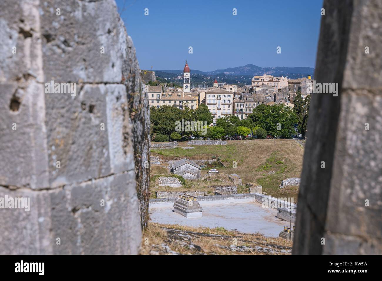 Aerial view from Old Venetian Fortress in Corfu town on a Greek island ...