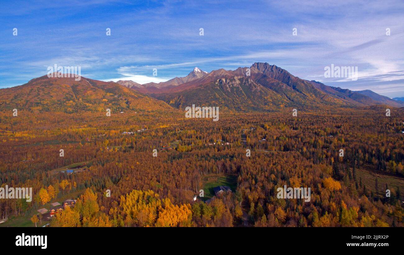 An aerial view of the Matanuska River surrounded by autumn trees ...