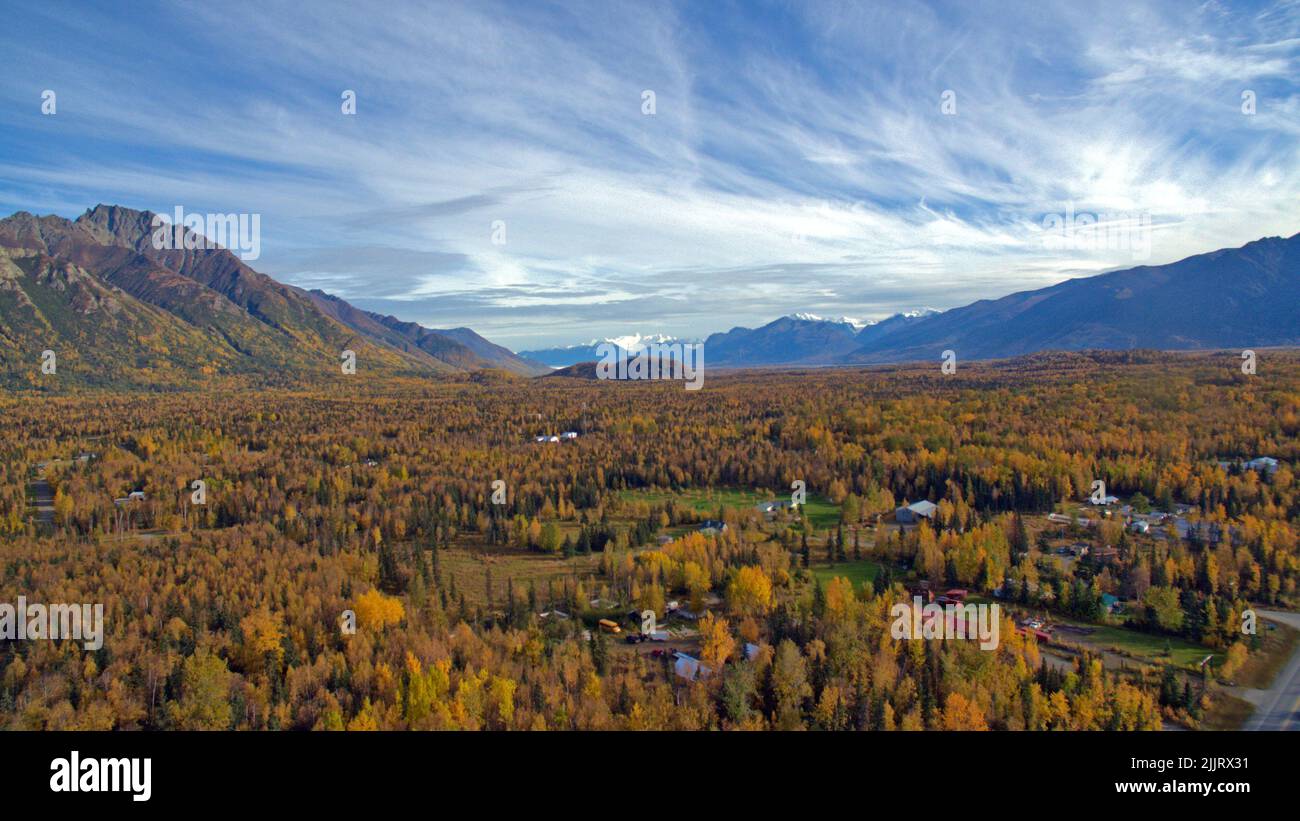 An aerial view of autumn trees near the Matanuska River against ...