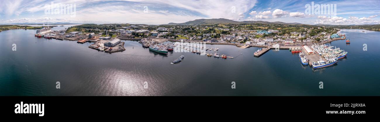 Aerial view of Killybegs with huge cruise ship in County Donegal ...