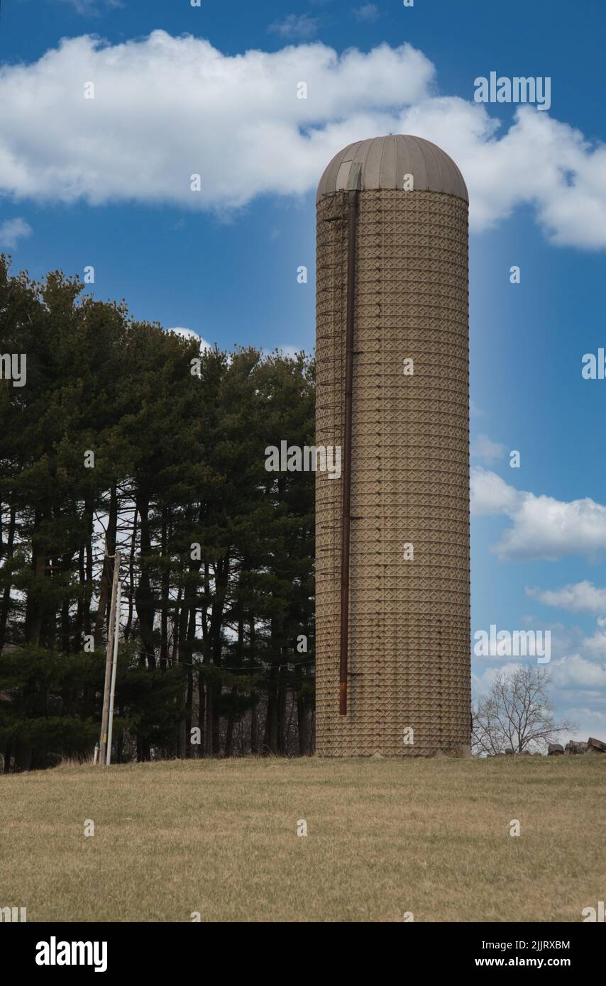 A vertical of a tower silo on the grassy field in the countryside Stock ...