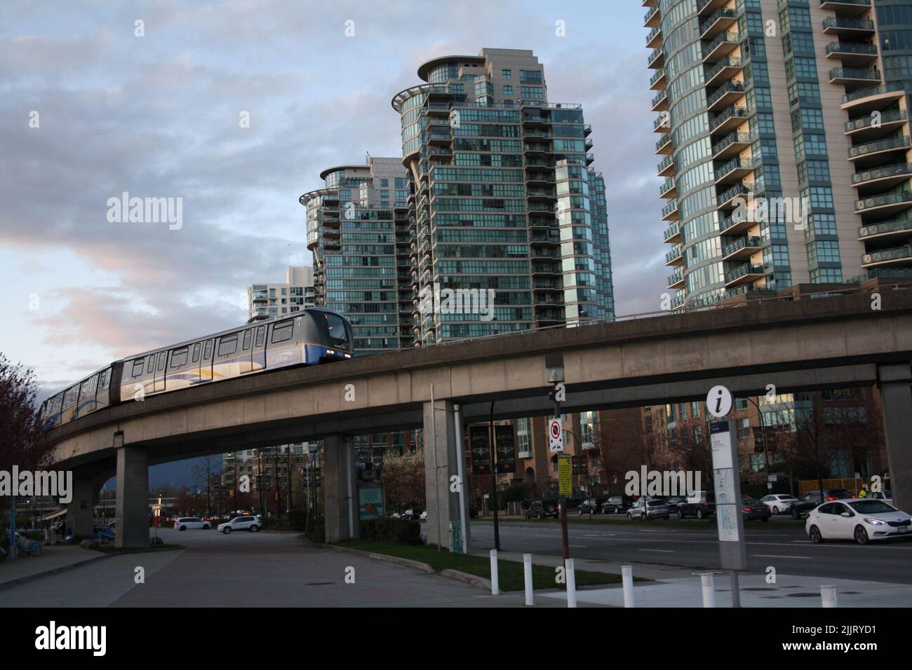 The SkyTrain riding in downtown Vancouver, British Columbia, Canada ...