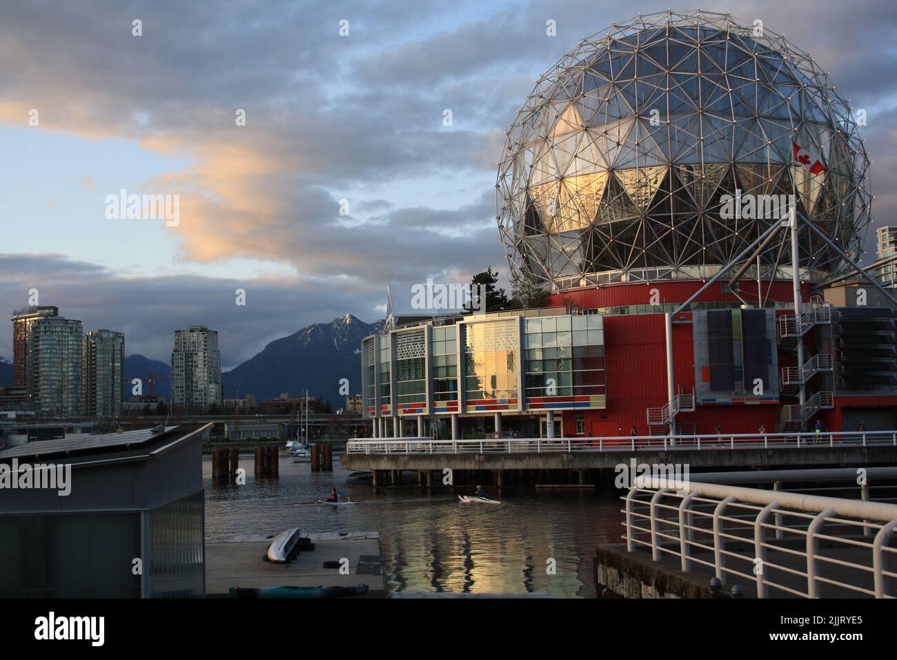 The Science World Exhibition Centre and downtown at sunset, Vancouver ...