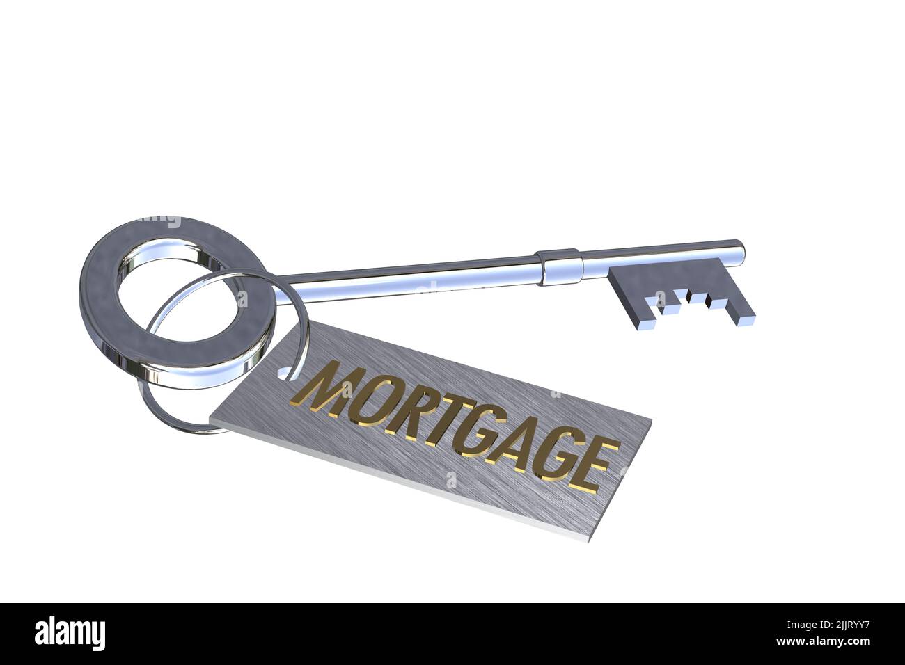 key to mortgage concept silver 3D key with key ring tag with text word ...