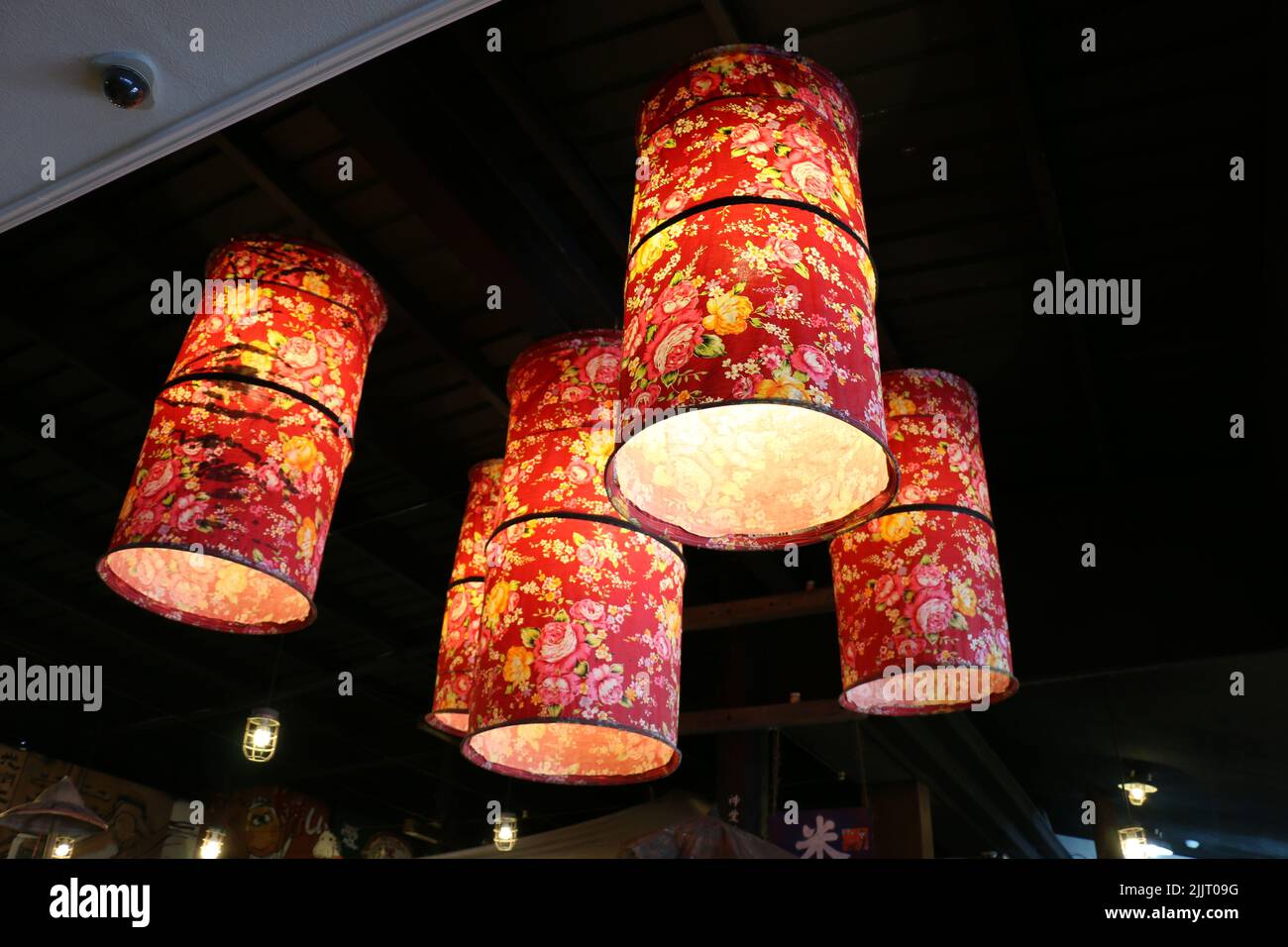 A low-angle shot of Chinese-style pendant lights in the nighttime Stock ...