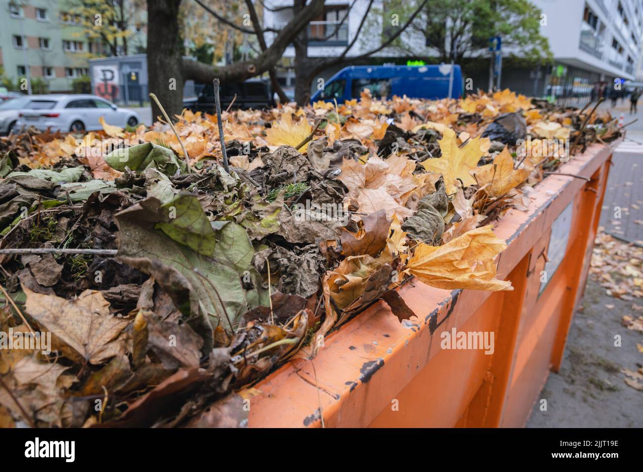 Large metal container for fall leaves in Warsaw, capital of Poland ...