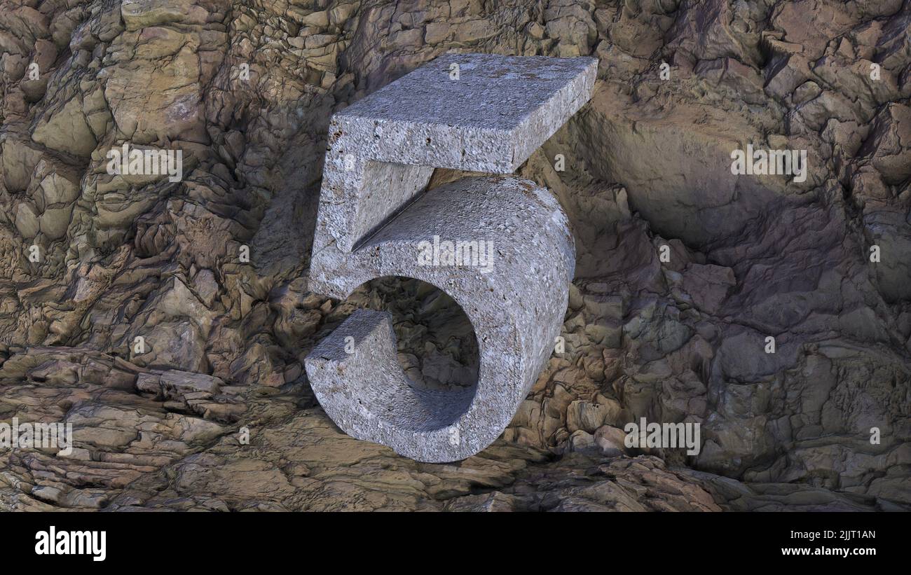 An illustration of number 5 from tridimensioanl concrete over a rock ...