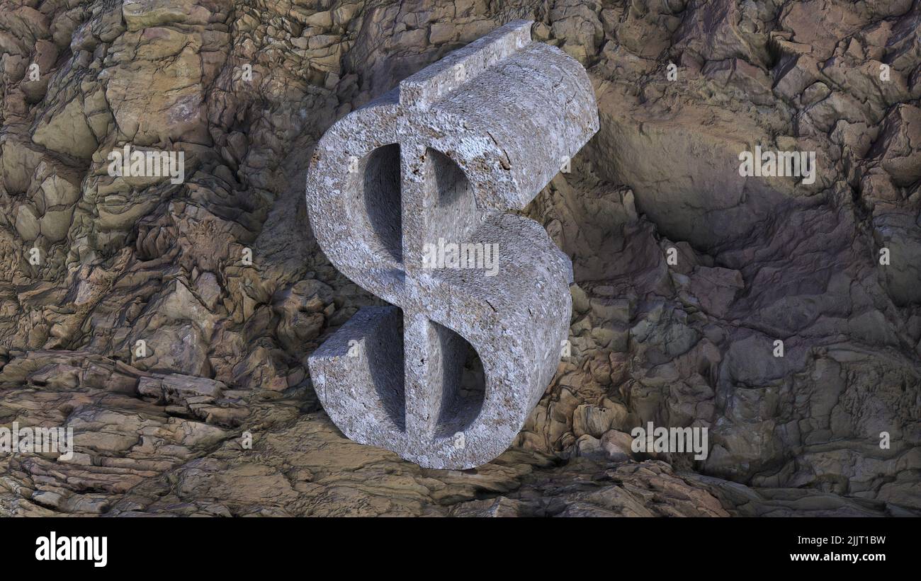 An illustration of dollar from tridimensioanl concrete over a rock ...