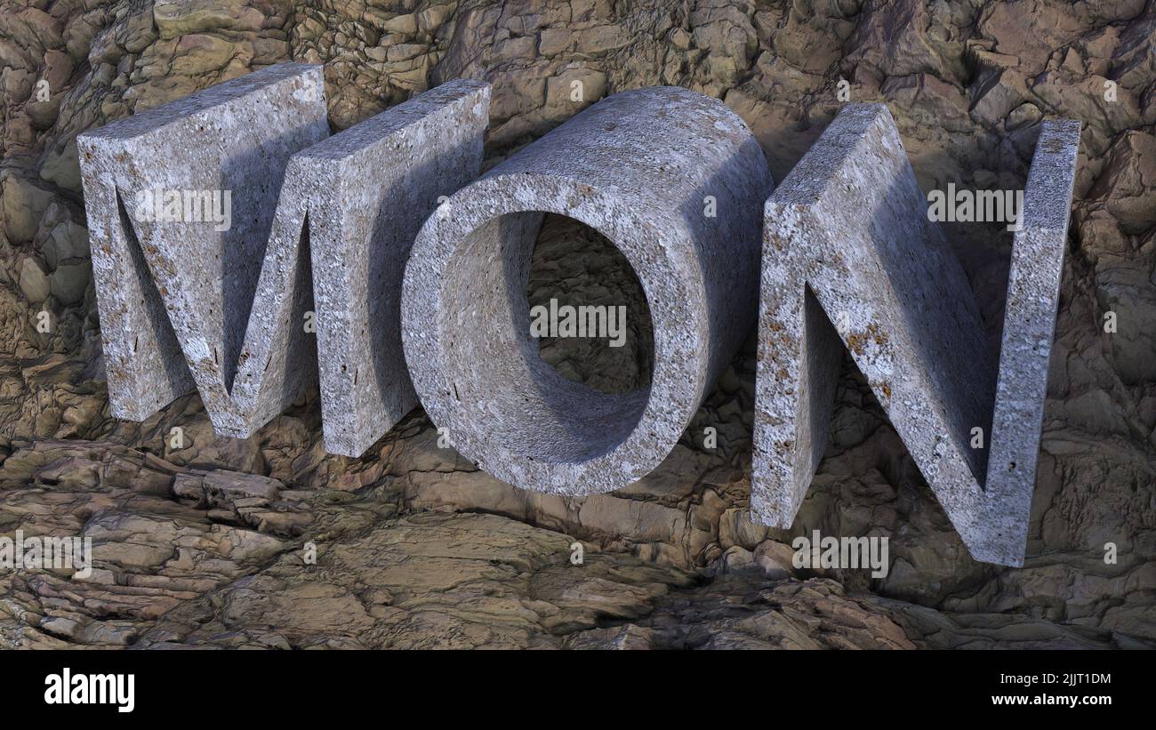 A 3D rendering of MON concrete letters on rock background Stock Photo ...