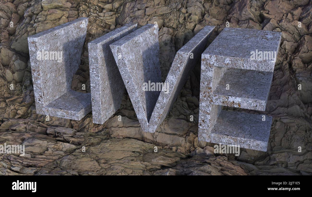 A 3D rendering of LIVE concrete letters on rock background Stock Photo ...