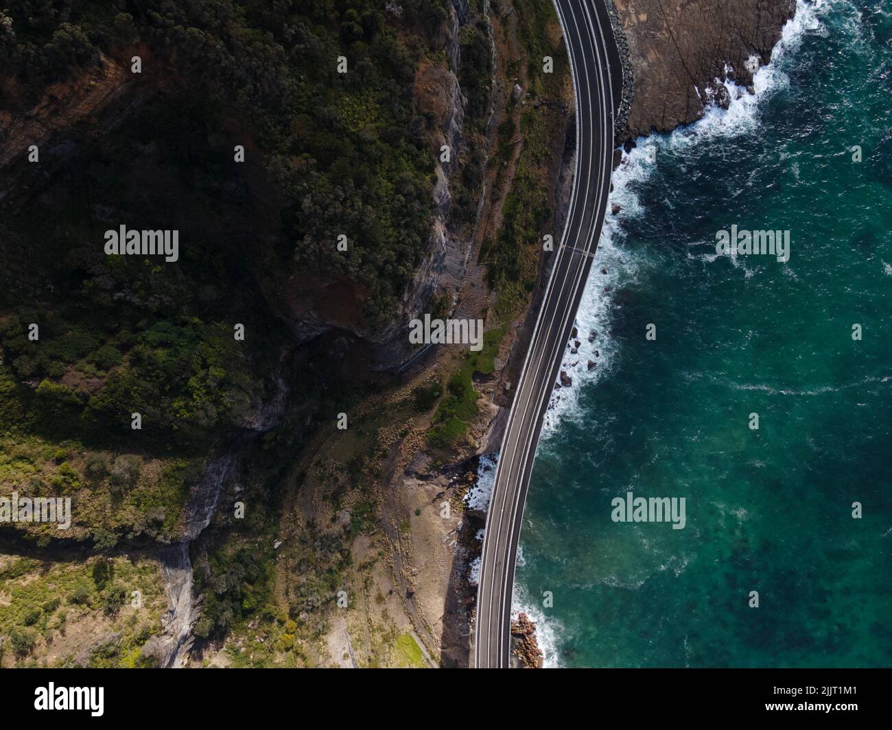 Windy ocean road next to the water and around rocks and trees Stock ...