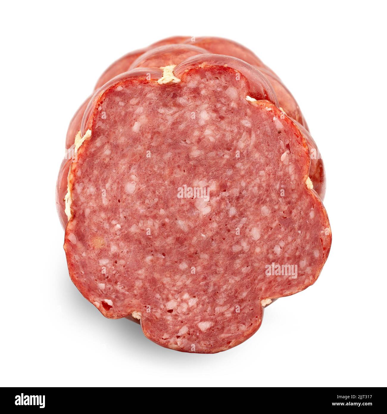Boiled and smoked sausage cut into two pieces on white background ...