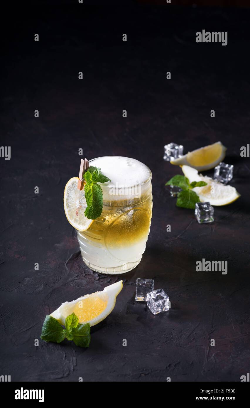 Moscow Mule Cocktail on a dark background. Cold drink, Layered white ...