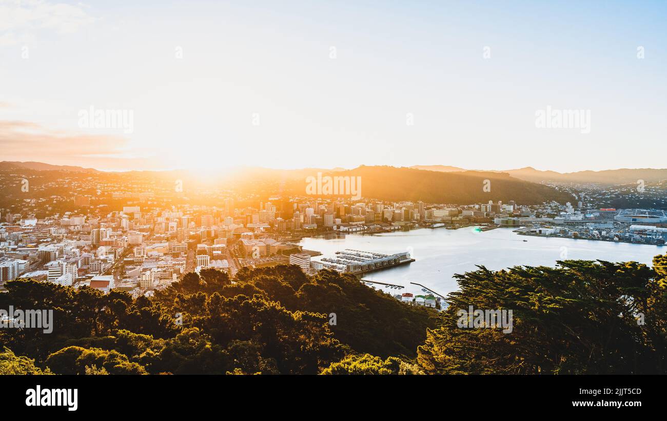 A scenic aerial view of the architecture of Wellington, New Zealand ...