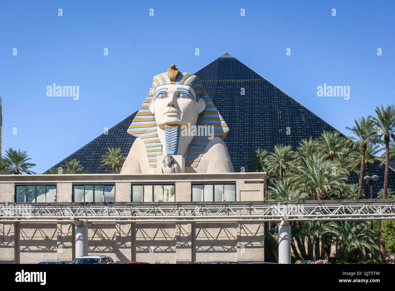 The beautiful exterior of Luxor hotel in Las Vegas with a Sphinx statue ...