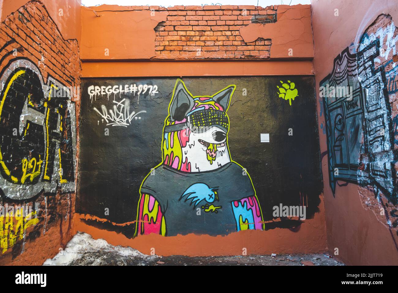 A shot of a colorful wolf wearing ski glasses graffiti street art mural ...