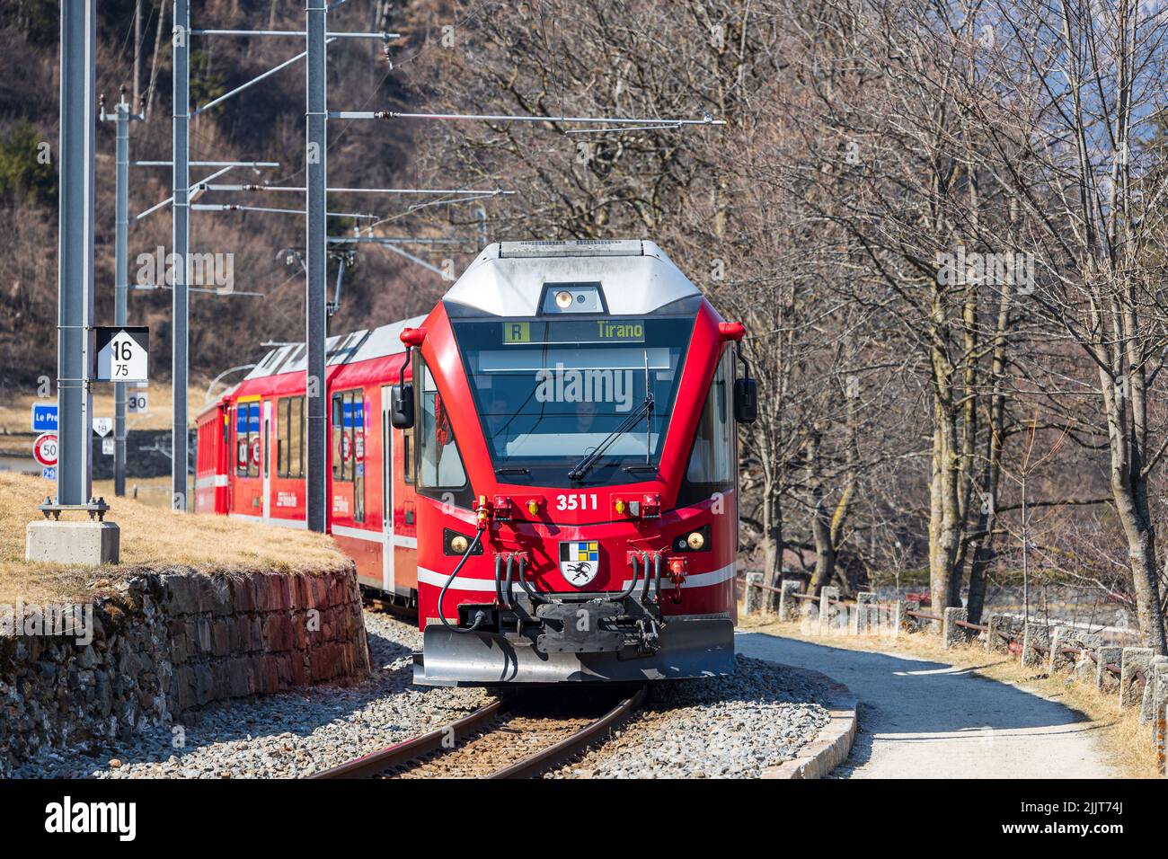 A famous red alpine train Bernina Express in Switzerland Stock Photo ...