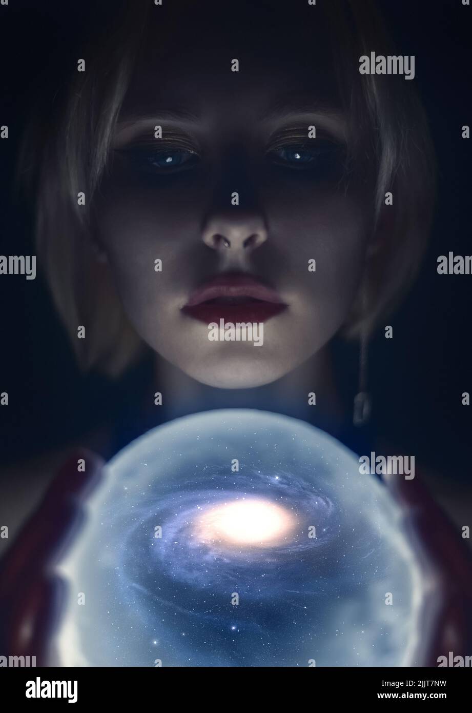 Woman holding a glowing sphere with galaxy inside Stock Photo - Alamy