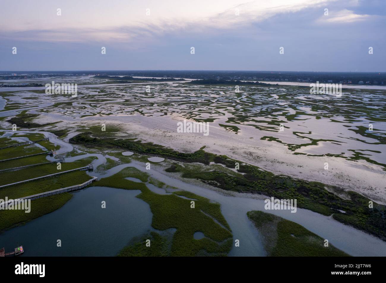 An aerial view of rivers flowing through green fields under a cloudy ...