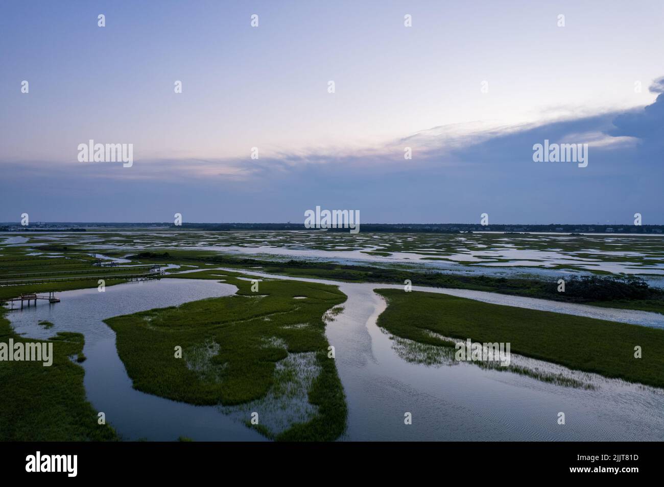 An aerial view of rivers flowing through green fields under a cloudy ...