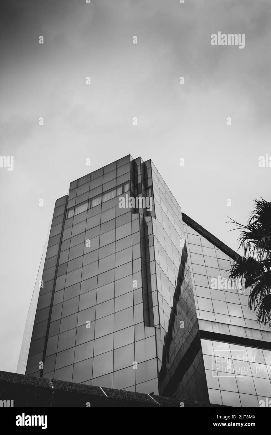A grayscale of a modern building in the middle of a city in South ...