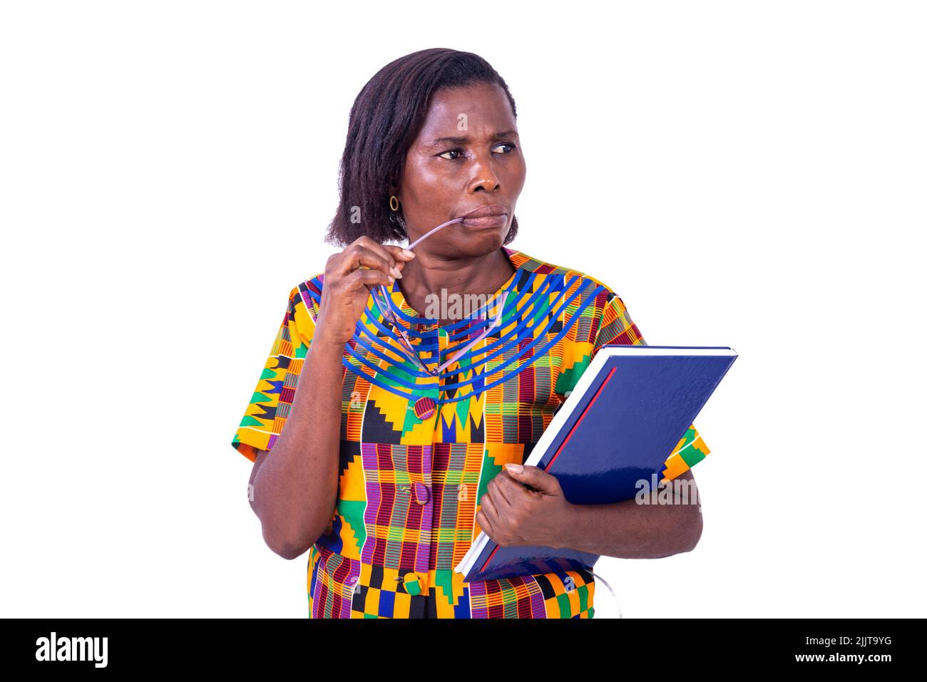 Woman thinking glasses in mouth hi-res stock photography and images - Alamy