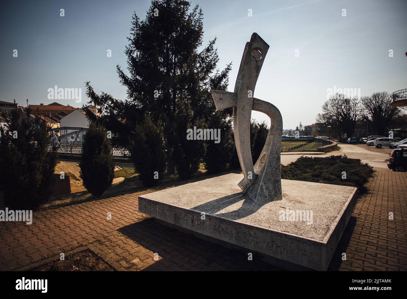 A beautiful shot of a Monument sculpture to Hasan Aganovic in Brcko ...