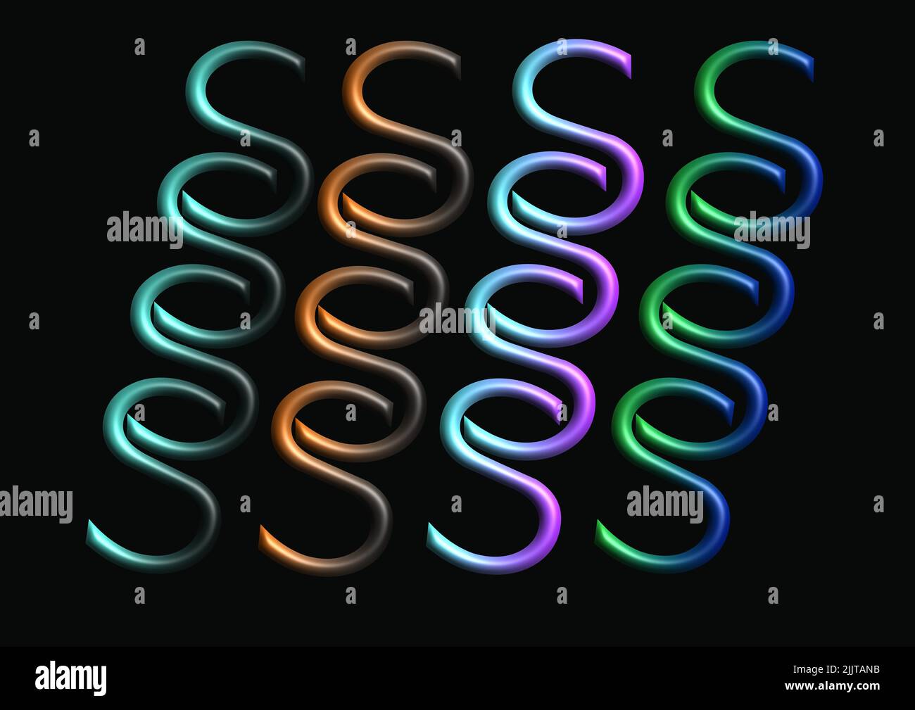 A digital illustration of colorful spiral rods on a black background ...