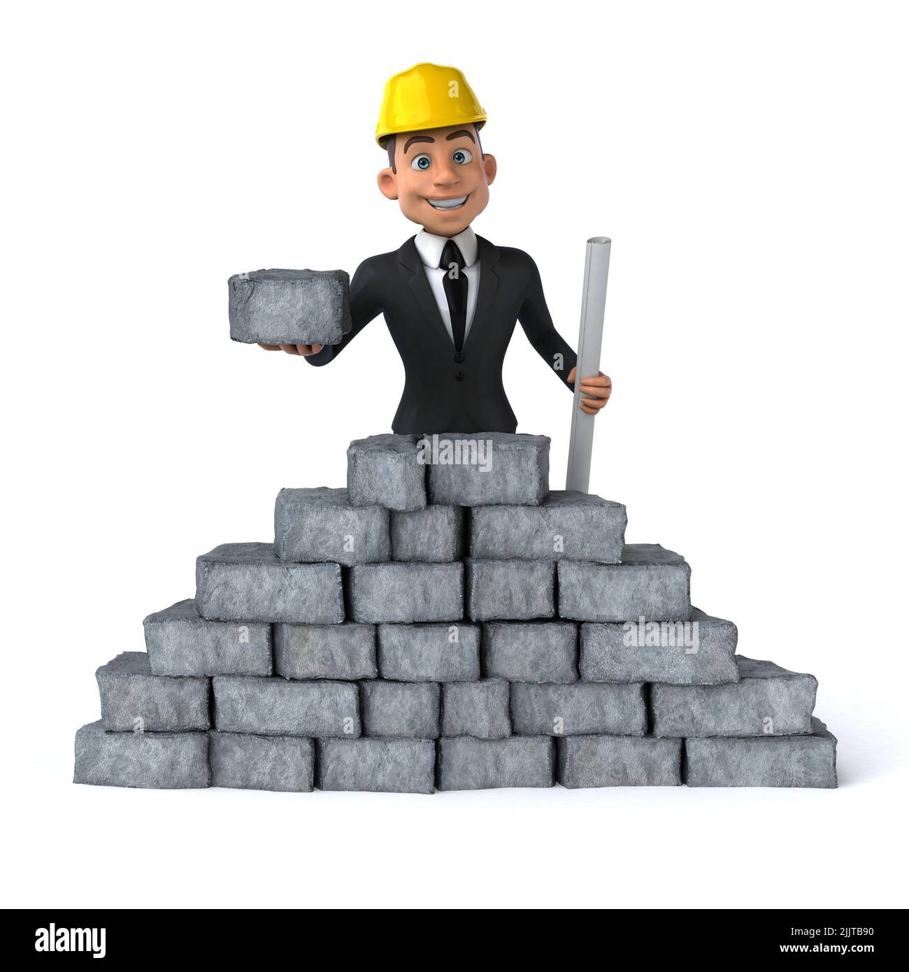Fun 3D cartoon architect building a wall Stock Photo - Alamy