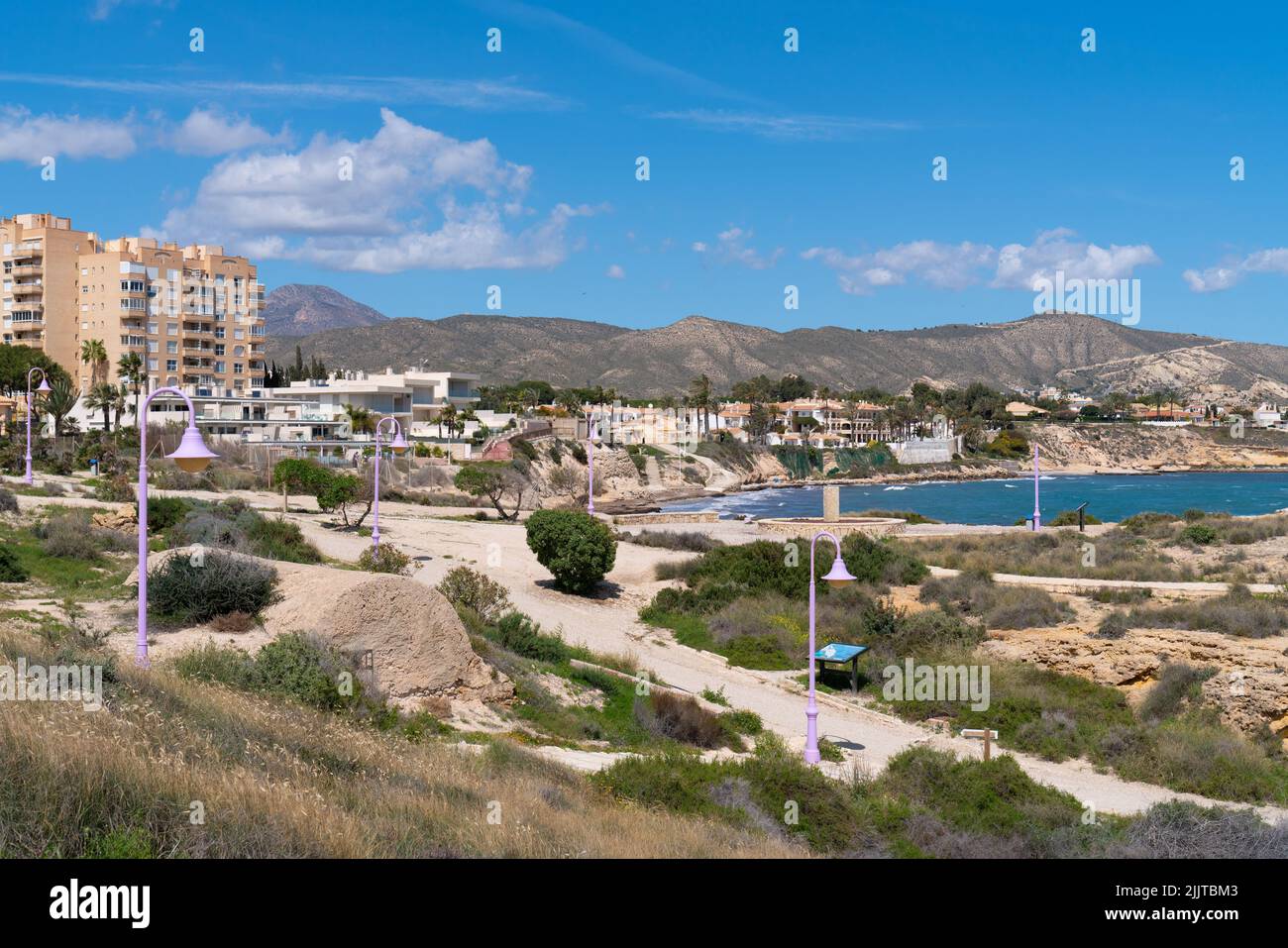 El Campello Spain view near La Iletta and tower purple lamp posts ...