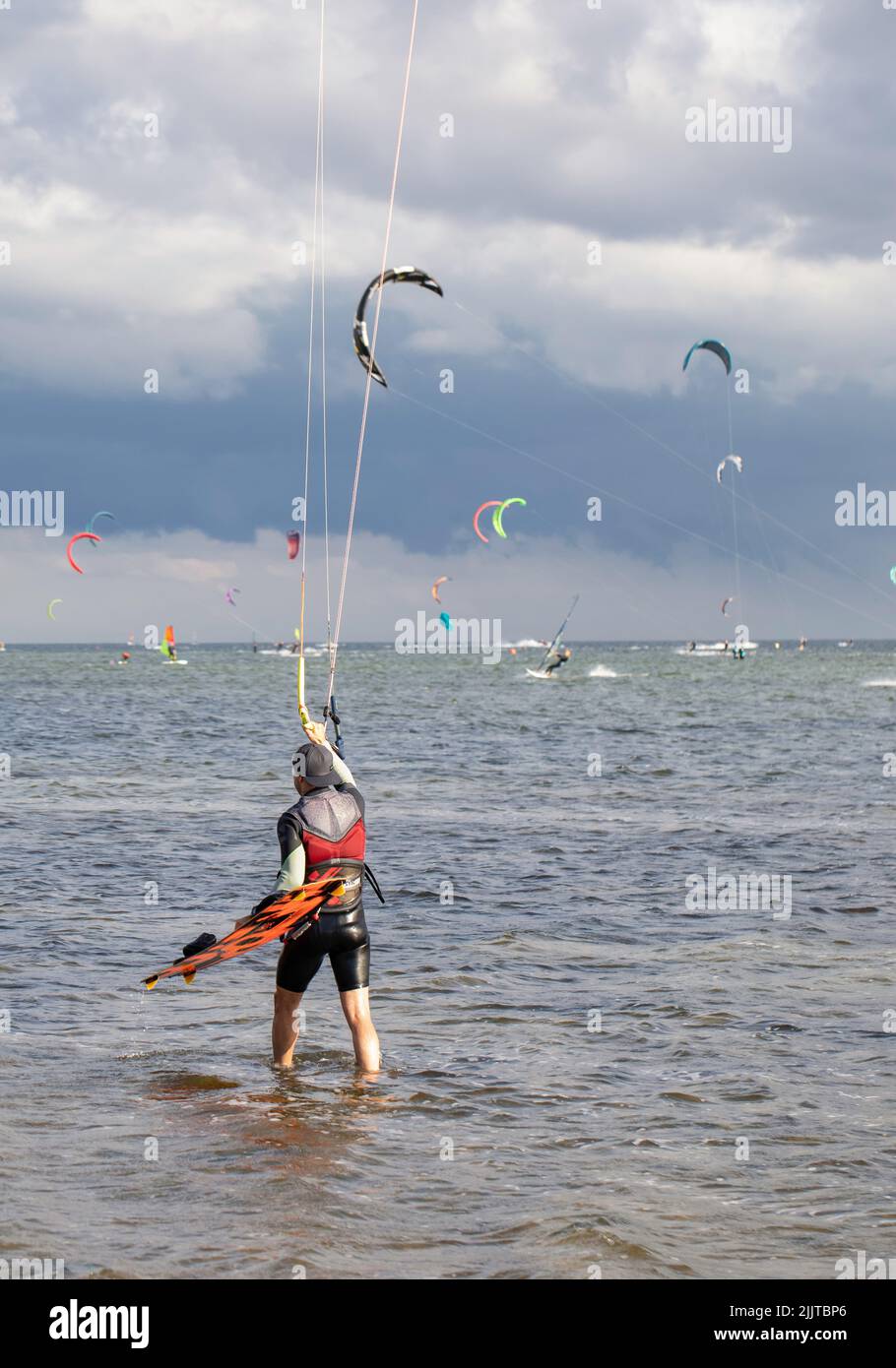 Kitesurfing, sky full of kites, kitesurfers, Gulf of Gdansk, Hel ...