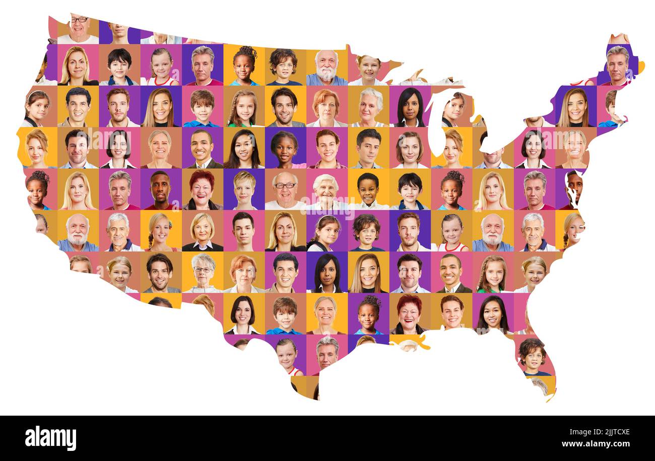 Portraits of children and adults against colorful background on map of ...