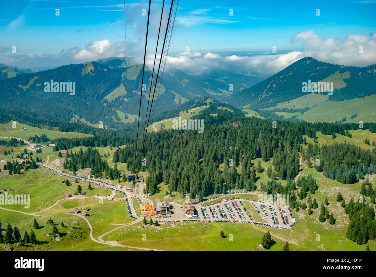 A vertical shot of cable car tracks at Santis pass of Schwagalp range ...