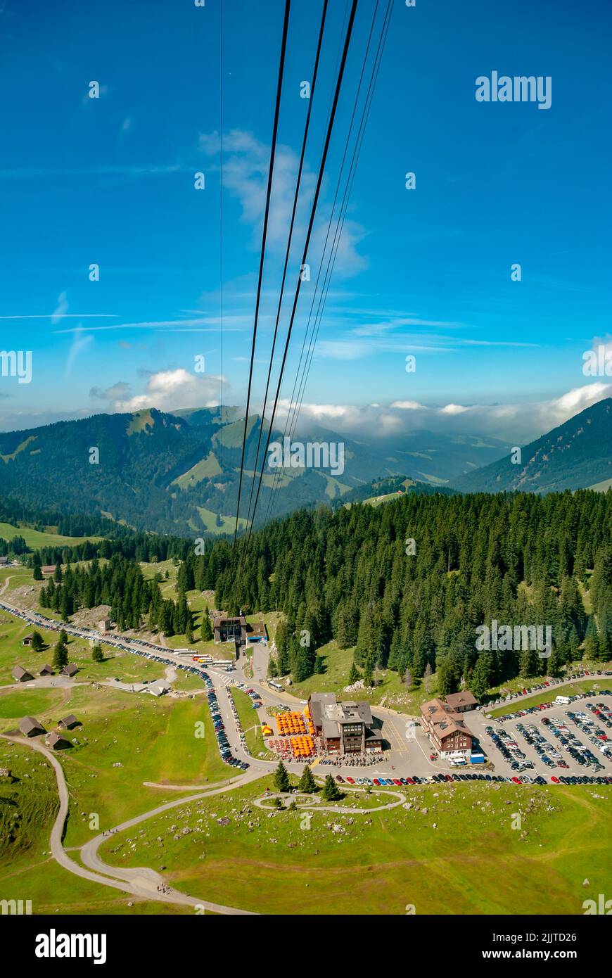 A vertical shot of cable car tracks at Santis pass of Schwagalp range ...