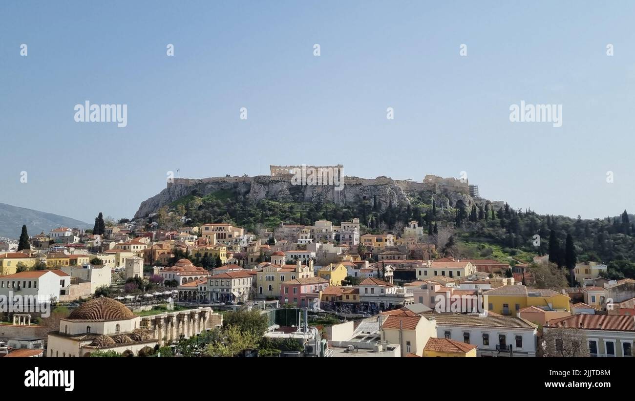 The overview of the ancient city of Athens with the Acropolis on the ...