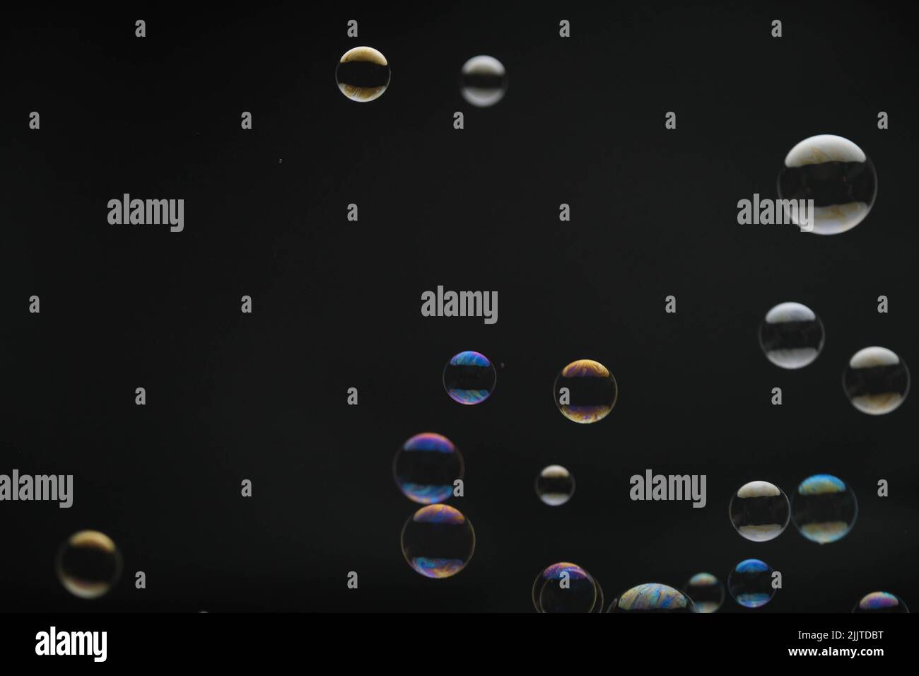 Flying soap bubbles on black background. Abstract soap bubbles with ...
