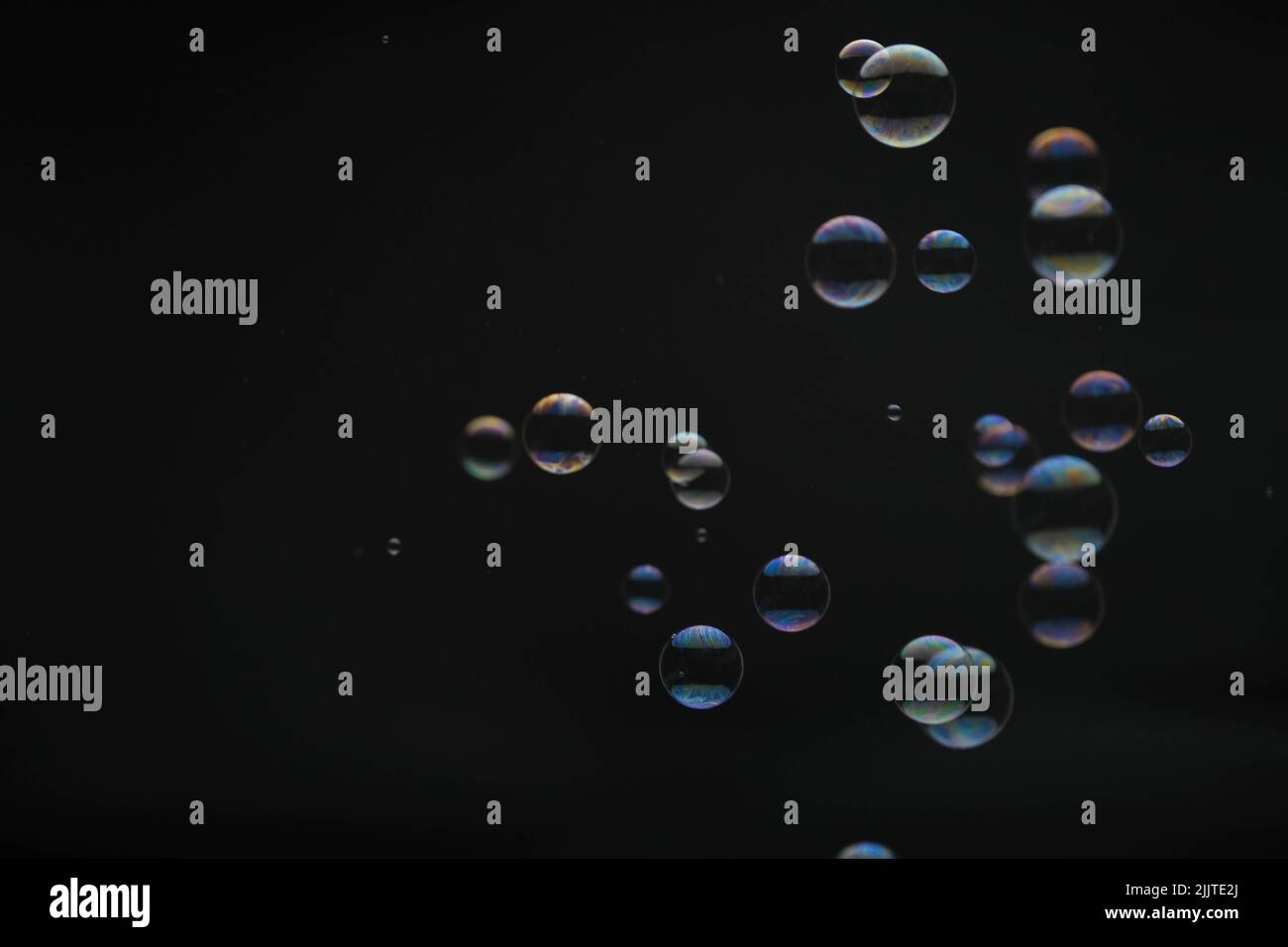 Flying soap bubbles on black background. Abstract soap bubbles with colorful reflections. Soap ...