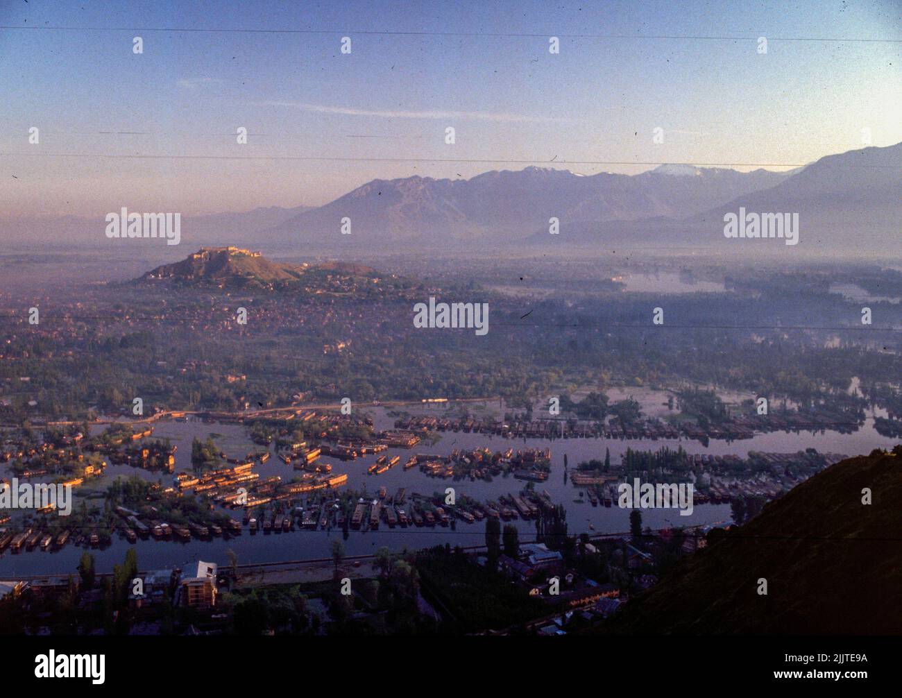 An aerial view of many fishing boats in the water in Kashmir Srinagar ...