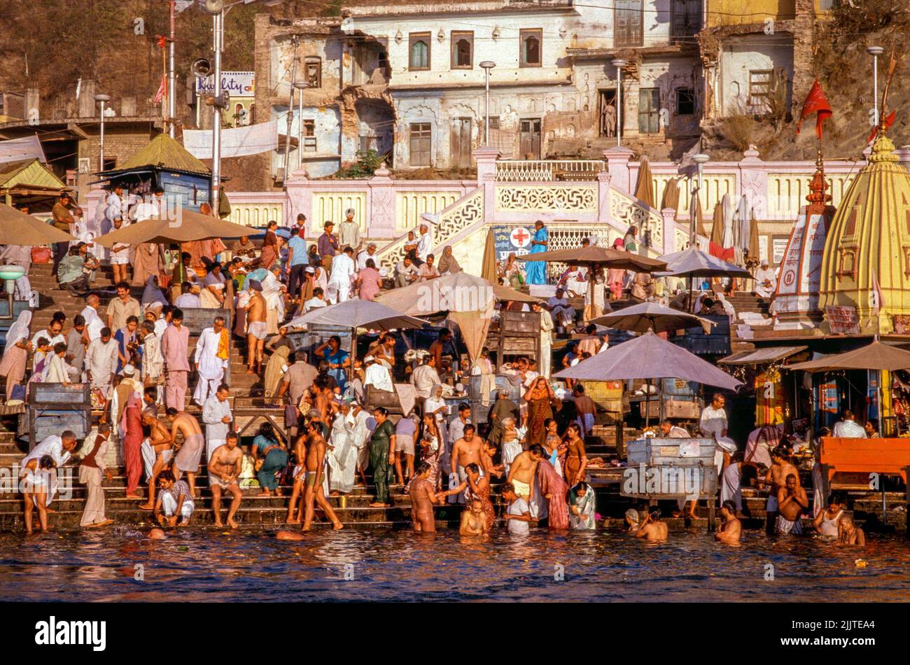 The Indian people bathe together in the Ganges River, Varanasi Stock ...