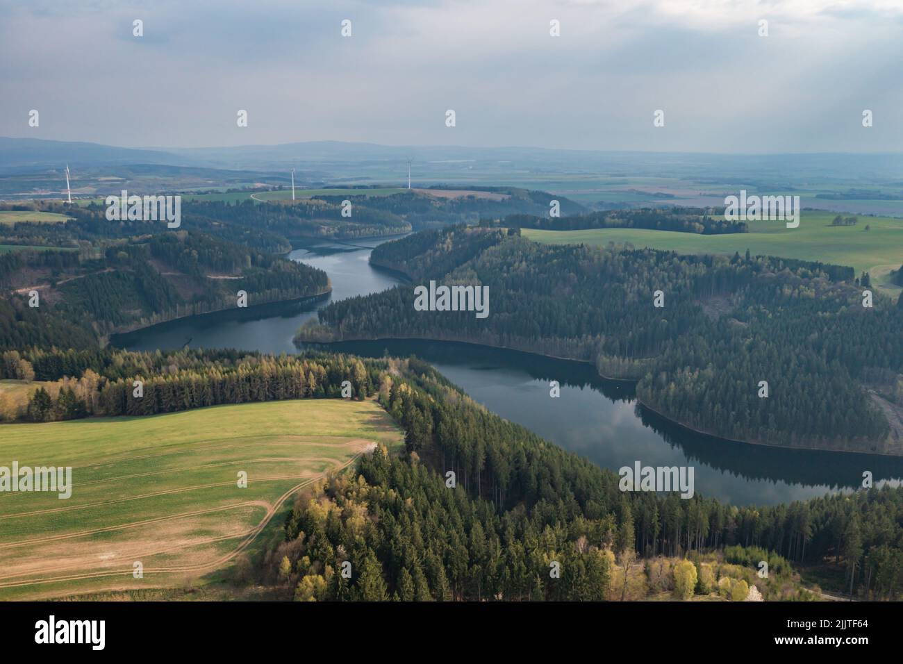 Aerial view on landscape in the Czech Republic, trees, fields, lake ...