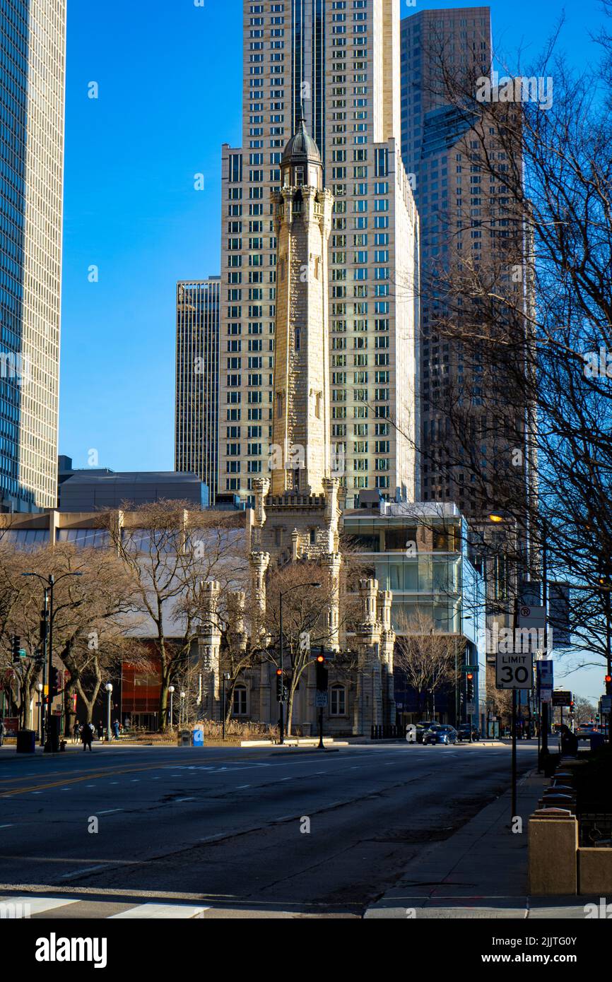 A vertical shot of morning lights and shadows on the buildings in ...