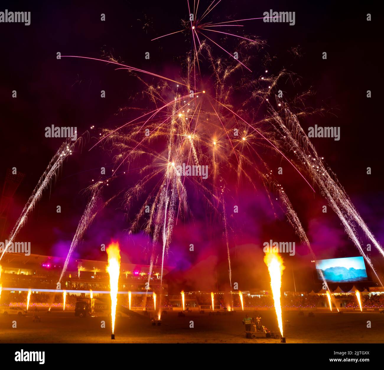 The display of colorful fireworks against the dark sky background in ...