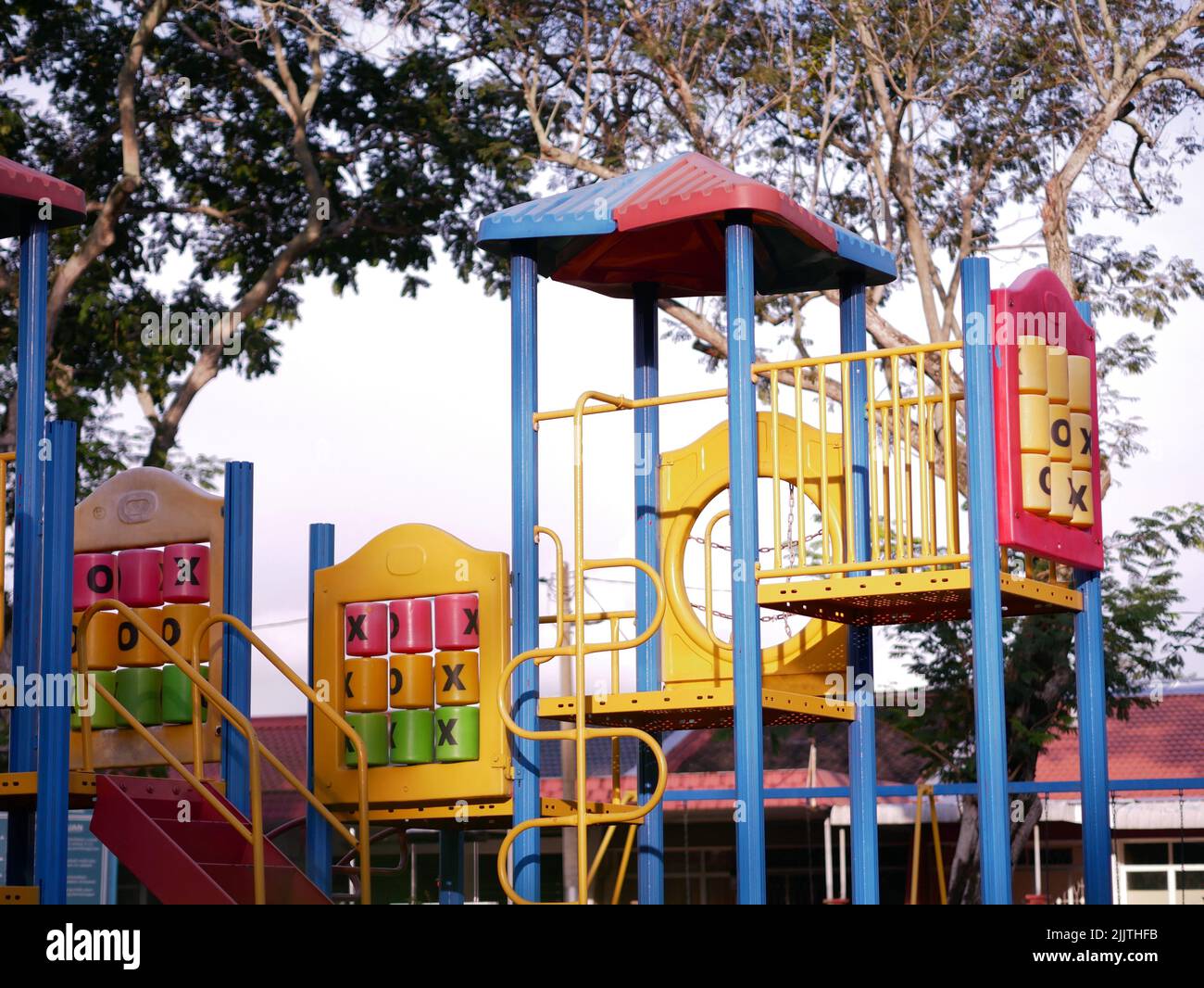 A closeup shot of kids' playground in a public park in Penang, Malaysia ...