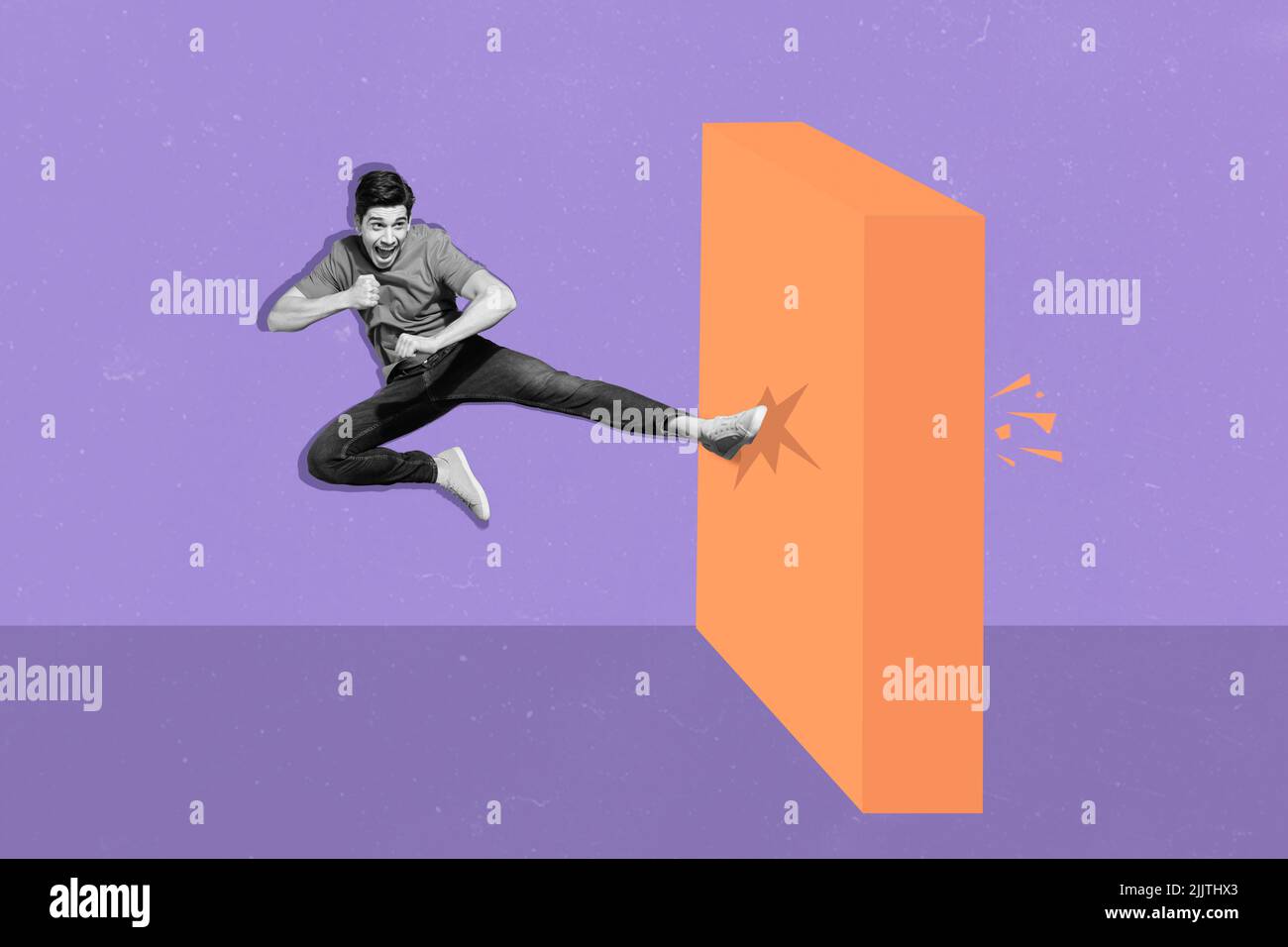 Composite collage picture of sportive guy black white colors jumping ...